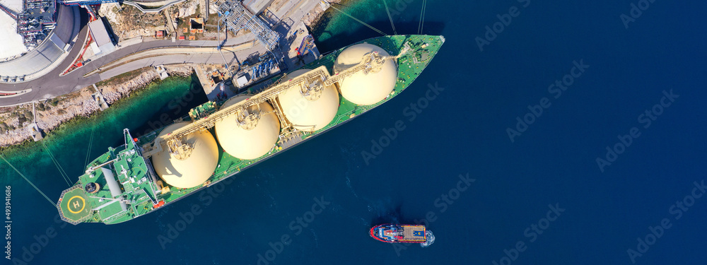 Aerial drone ultra wide panoramic photo with copy space of LNG ...