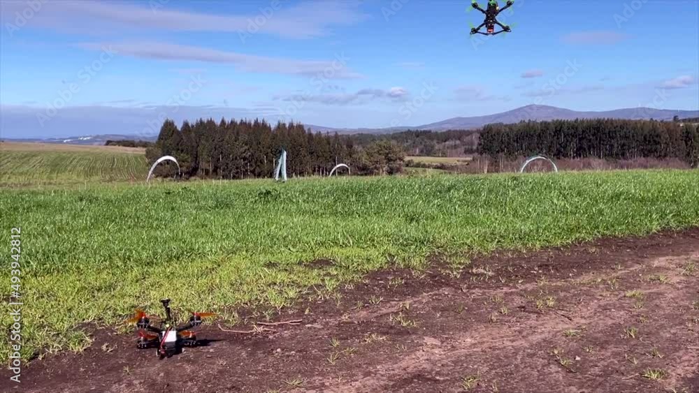 Drone Camera Race. Two Custom-Built FPV Drones Take Off The Ground ...