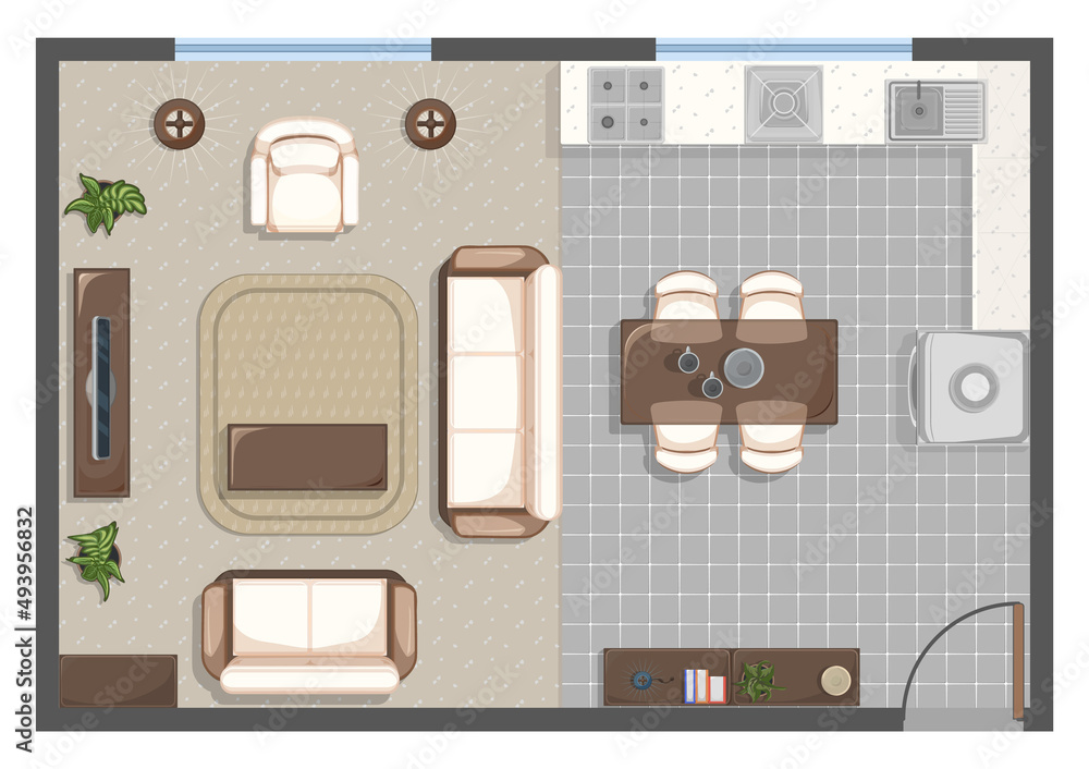 Living and kitchen room architectural plan. Top (above) view. Apartment ...