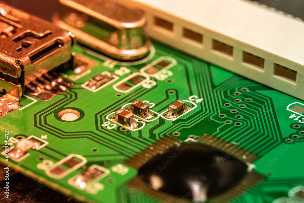 PCB board of a CF, micro SD and SD card reader. Electronic circuit ...