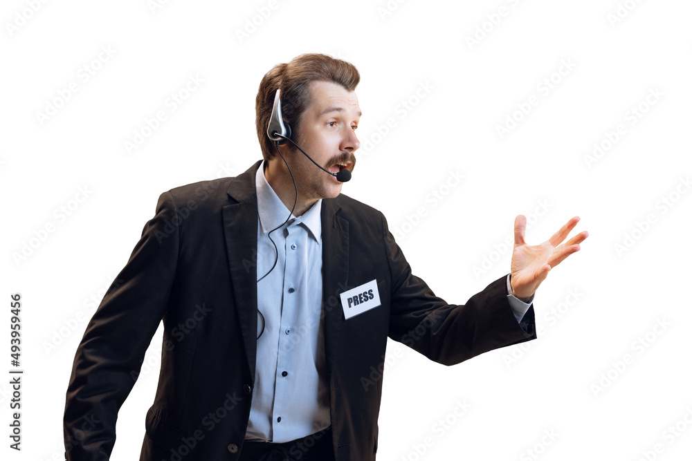 Emotive young man, professional sport commentator, journalist with ...