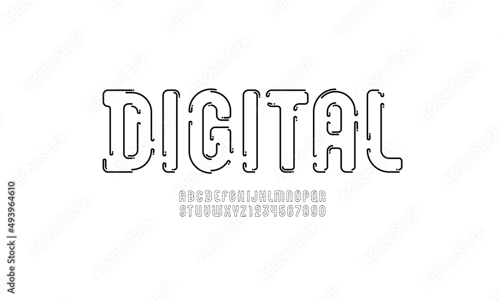 Digital thin font, tech alphabet, letters from A to Z and numbers from ...