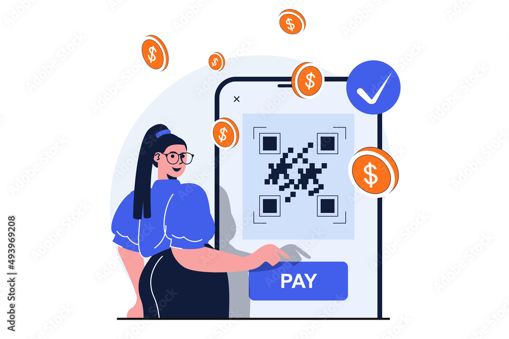 Secure payment modern flat concept for web banner design. Woman buys ...