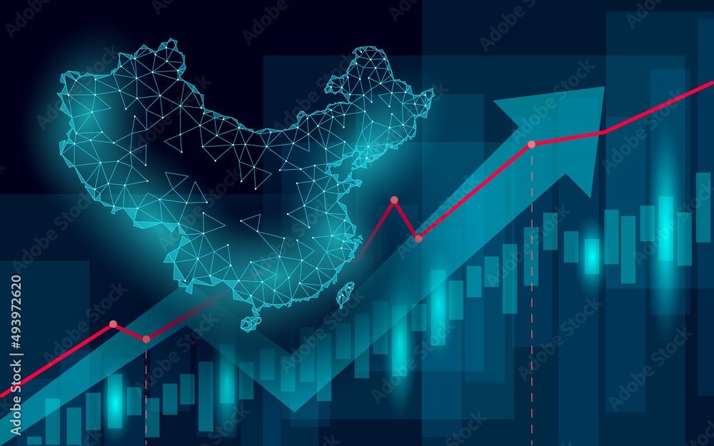 China map business statistics chart growing graphs. Blue light glowing ...