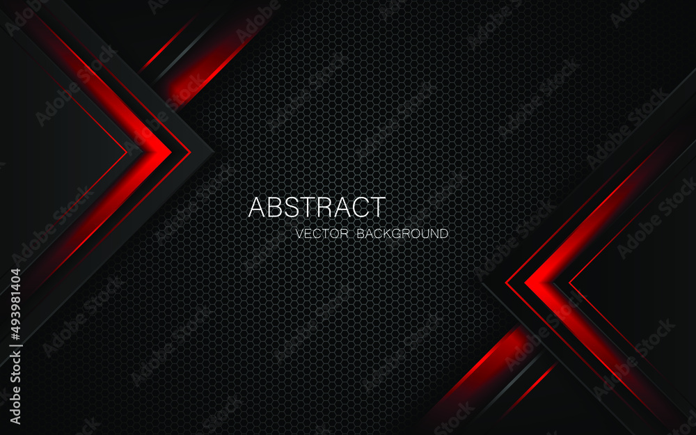 Abstract black and red polygons overlapped on dark steel mesh ...