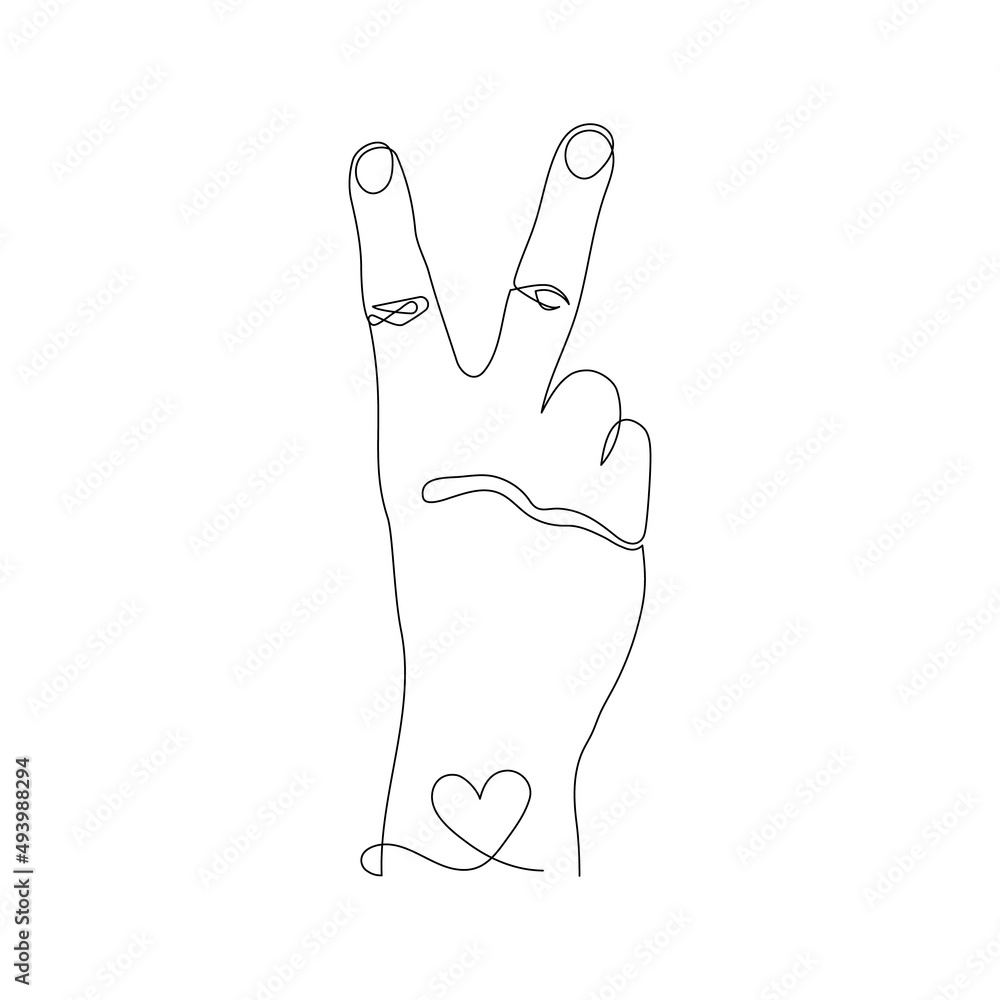 Peace sign in hand gesture with heart. Continuous one line drawing ...