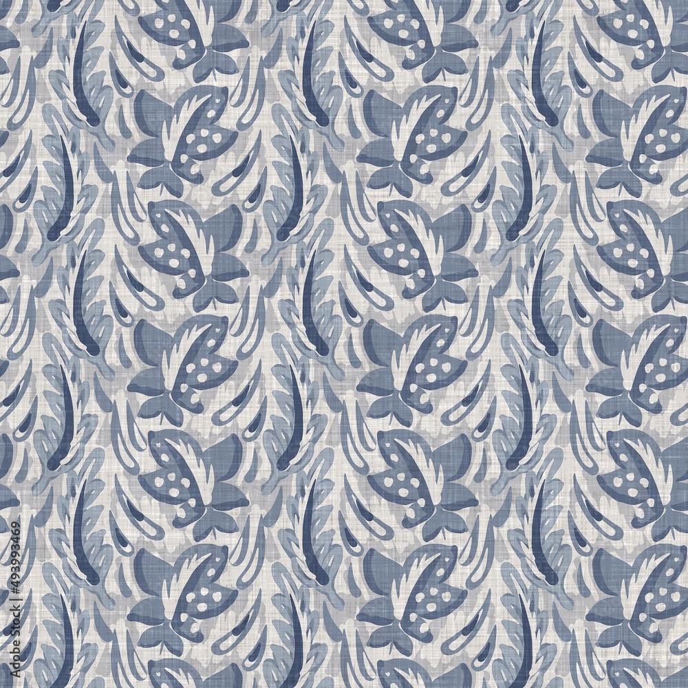 French blue botanical leaf linen seamless pattern with 2 tone country ...