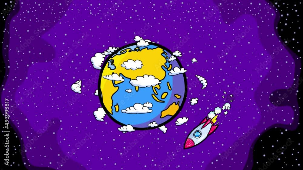 Rocket flying around earth cartoon animation seamless dynamic loop on ...