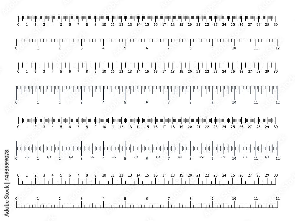 Ruler scales. Different measuring units. Rule divisions with numbers ...