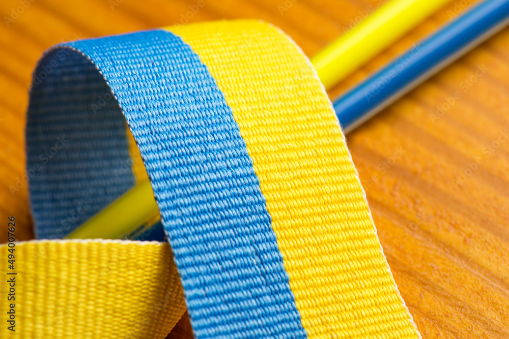 Ribbon in the colors of the Ukrainian flag. No war in Ukraine. Russia ...