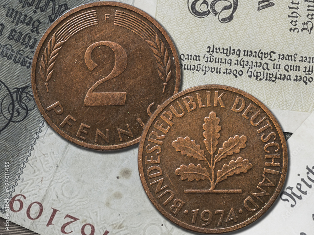 Top view of the front and back of a historic West Germany pfennig coin ...