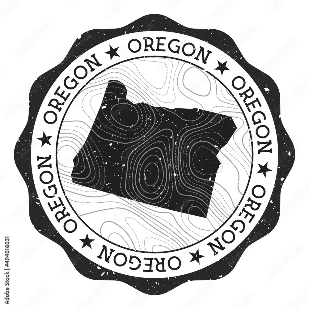 Oregon outdoor stamp. Round sticker with map of us state with ...