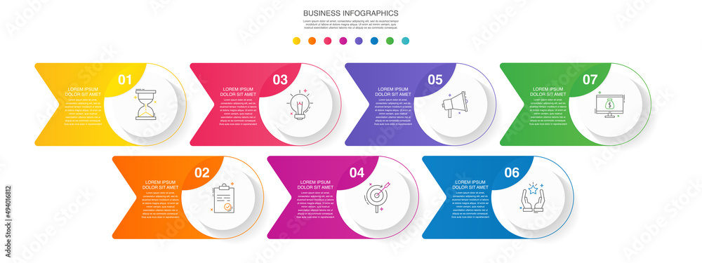Vector line infographics template for 7 arrows and circles. Business ...