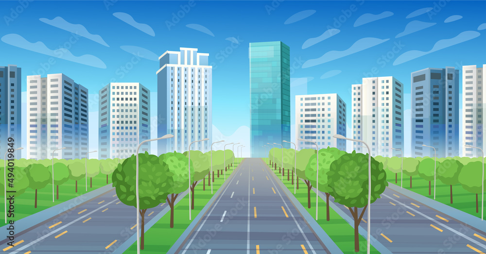 Road to the city with cars. View of Cityscape Background with trees ...