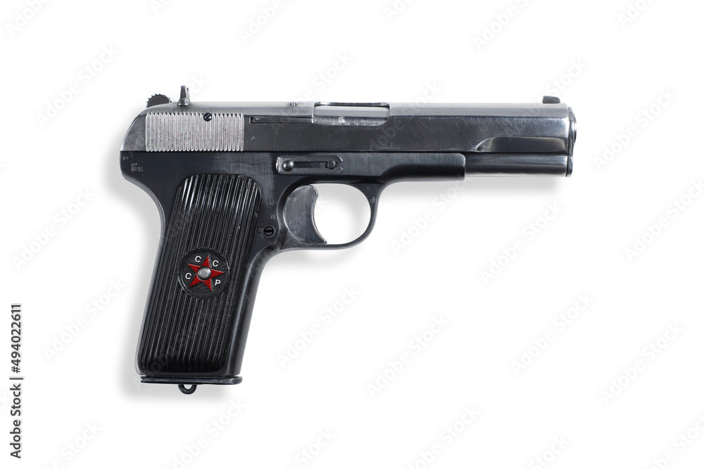 Old russian semiautomatic pistol (Tokarev) on white background. Visible ...