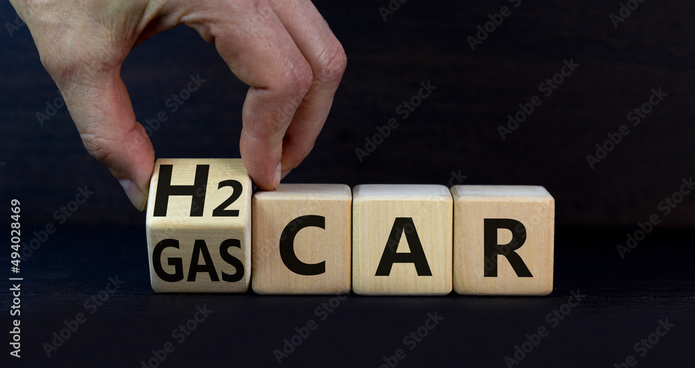 Foto Stock Gas car or H2 hydrogen car symbol. Businessman turns a ...