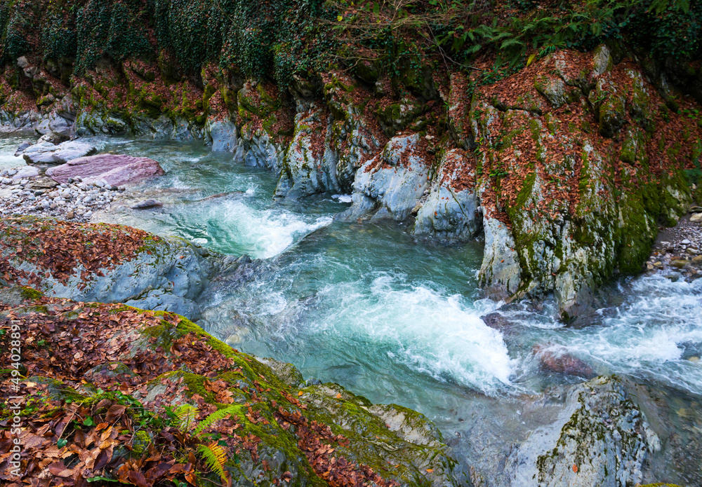 small waterfall on a river with blue clean water in a wild forest Stock ...