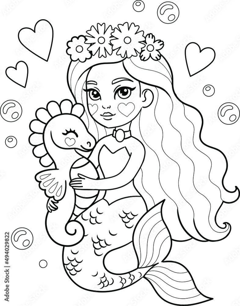 Little mermaid in flower wreath hugging a seahorse. Vector illustration ...