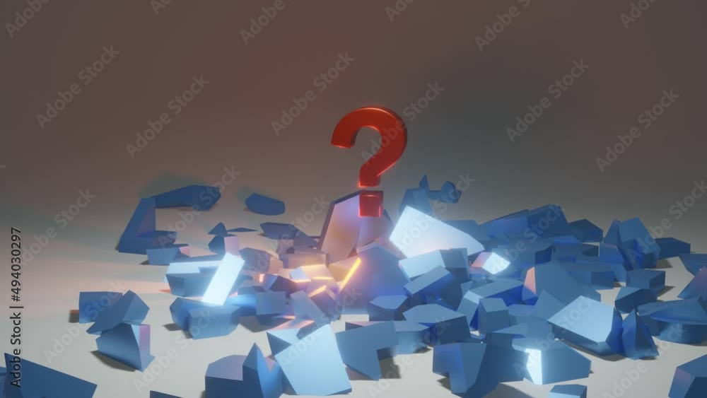 3D Question mark sign rising from collapsed shiny metallic blue pieces ...