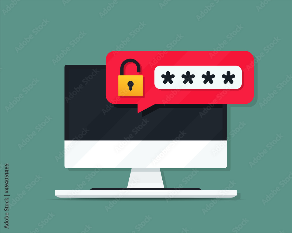 Computer with padlock and password. Computer access. User authorization ...