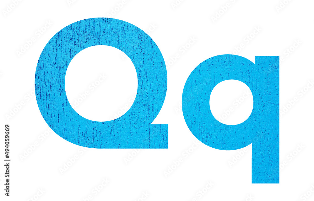 Alphabet uppercase and lowercase letters Q with wall texture. Blue ...