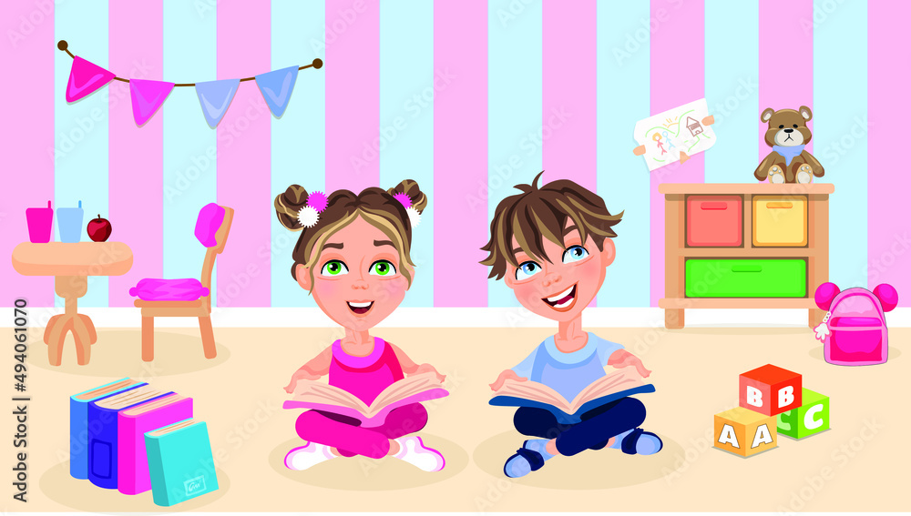 Cartoon character vector illustration of cute little kids reading book ...