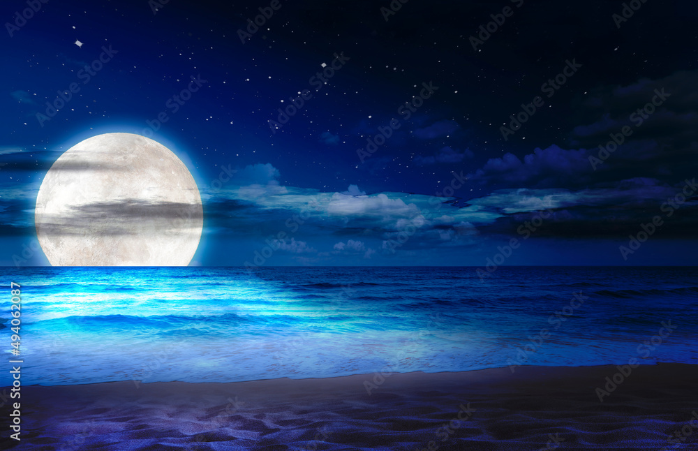 Beach, sea and moon in blue space. Amazing view of the blue color in the sky. Background night ...