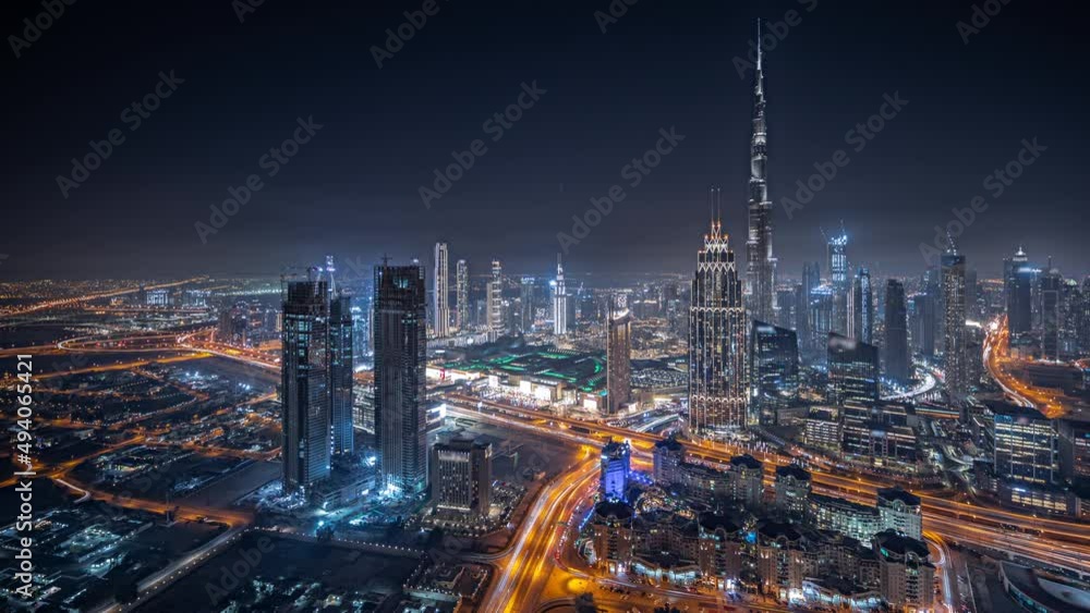 Panorama showing aerial view of tallest towers in Dubai Downtown ...