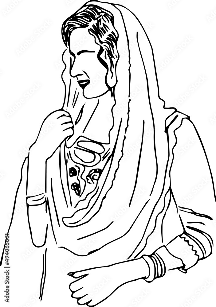 Line art illustration of of Indian Punjabi girl wearing traditional ...