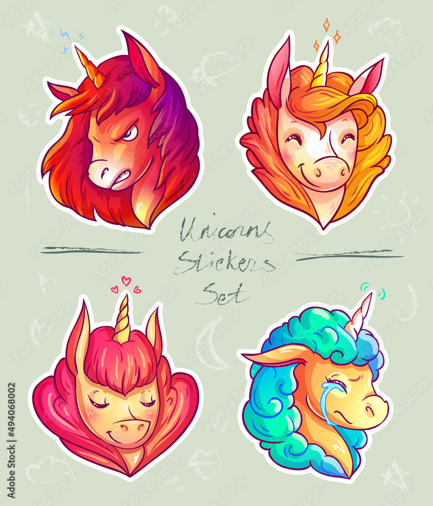 Set of cute cartoon unicorns with different emotions. Vector hand drawn ...