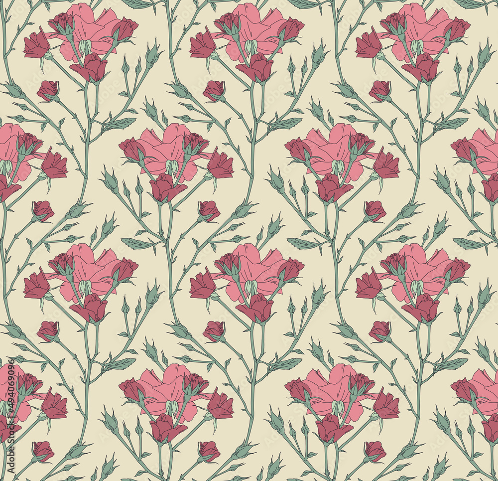 Vintage floral seamless pattern of red rose flowers and buds in art ...