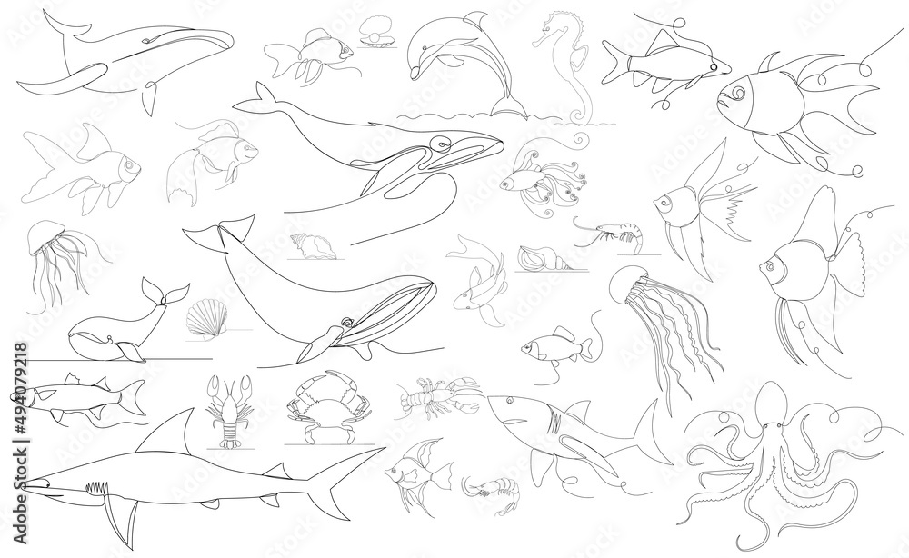 fish set sketch drawing by one continuous line vector, isolated Stock ...
