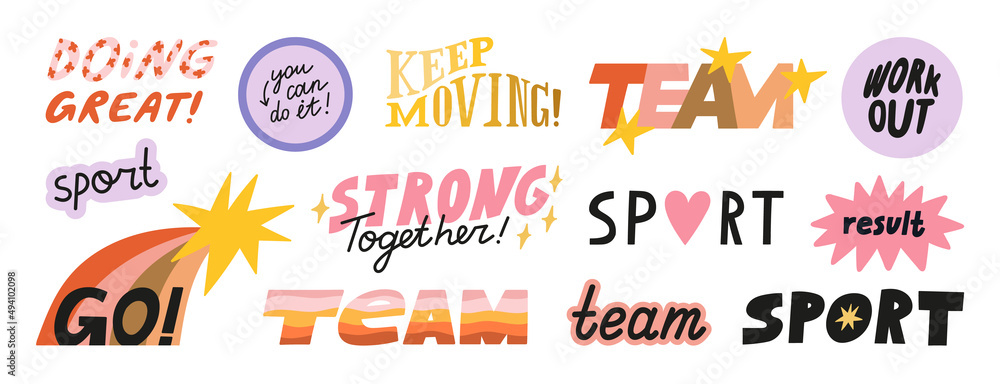Big set with motivational sport stickers. Hand drawn phrases and quotes ...
