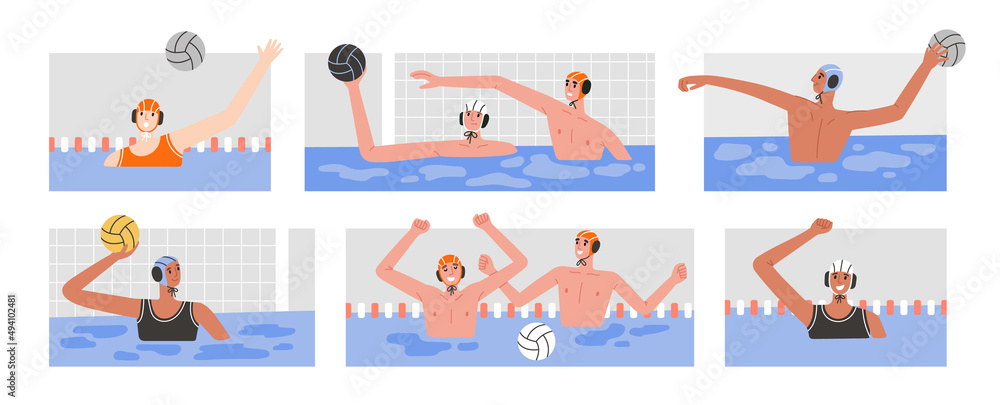 Big set with vector illustrations of water polo players in action ...
