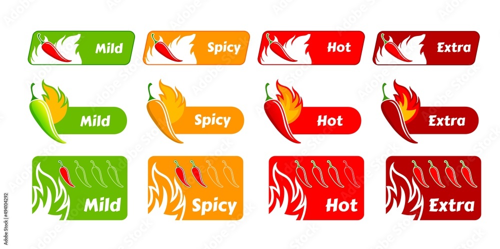 Spicy level labels with fire flames. Hot chilli pepper sauce or ketchup ...