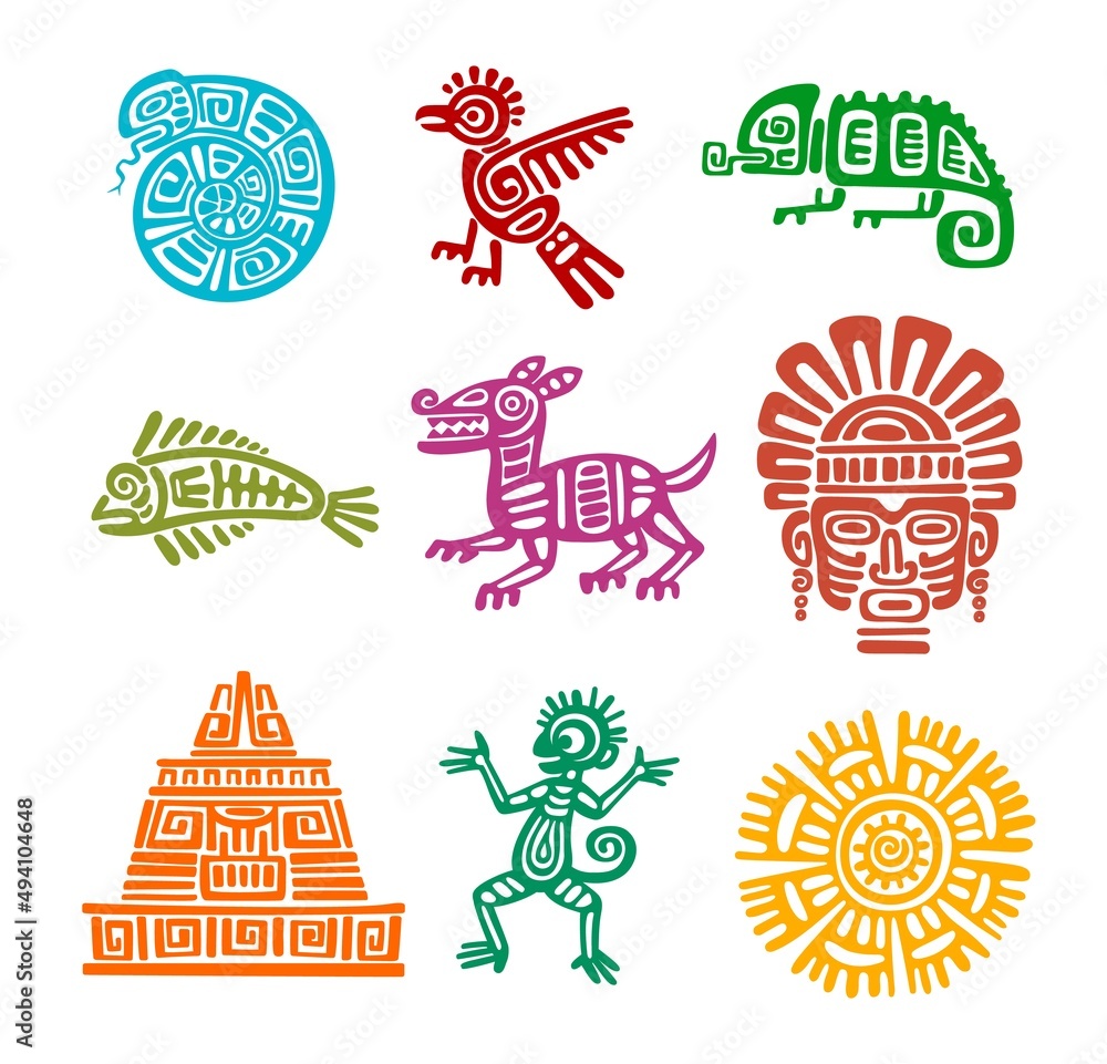 Mayan aztec totem of snake, eagle bird, fish and chameleon, monkey, dog ...