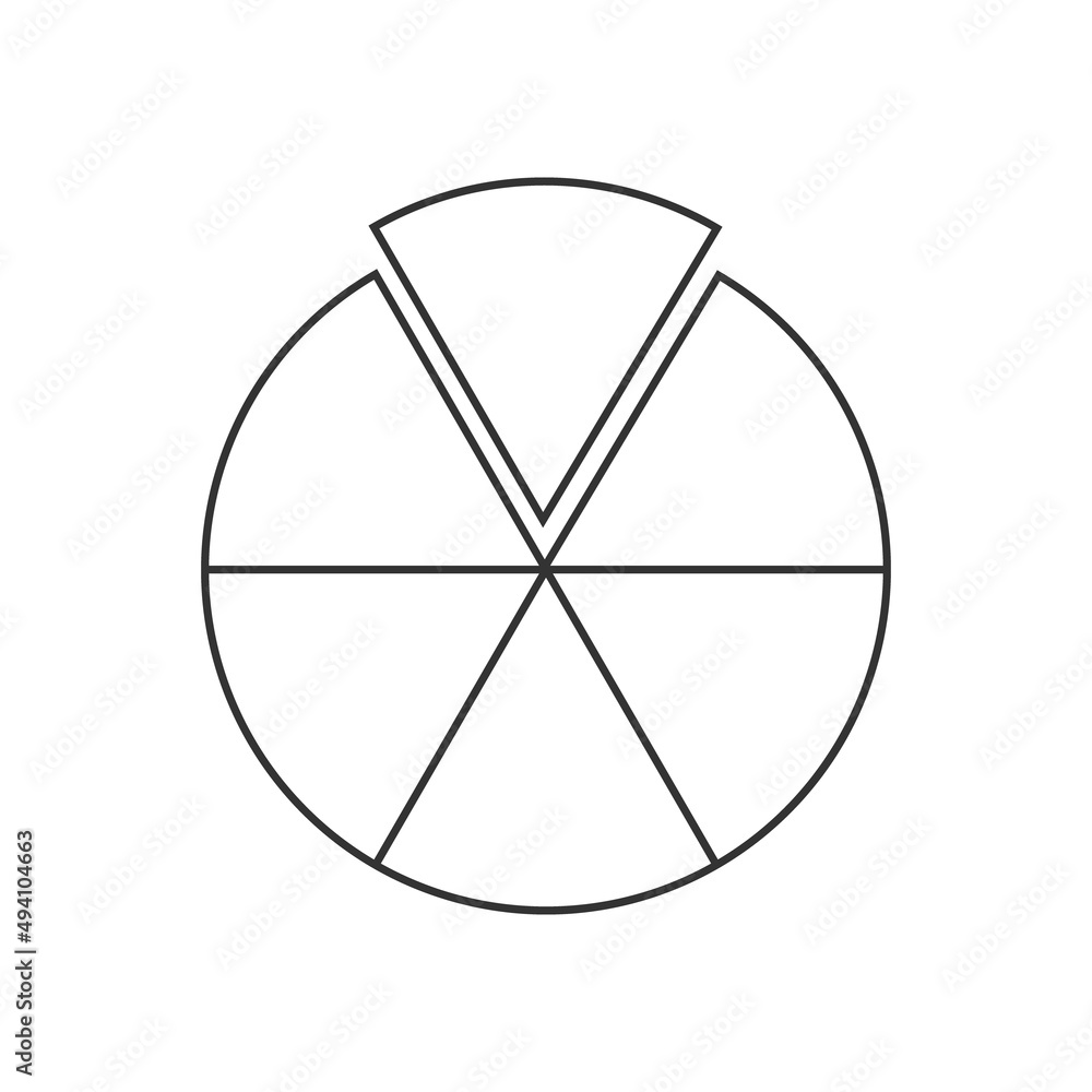 Circle segmented into 6 sections. Pie or pizza shape cut in six equal ...