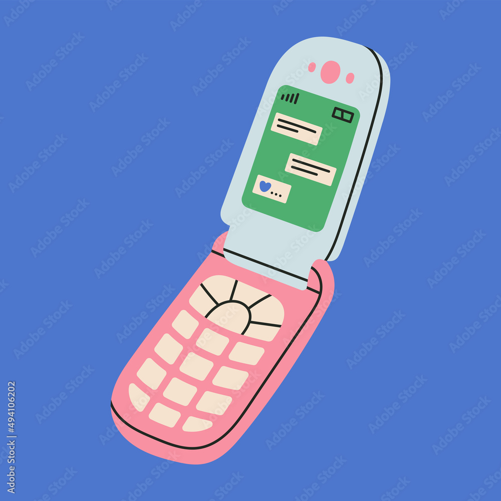 Poster with clamshell. Cute and stylish mobile phone. Old model from ...