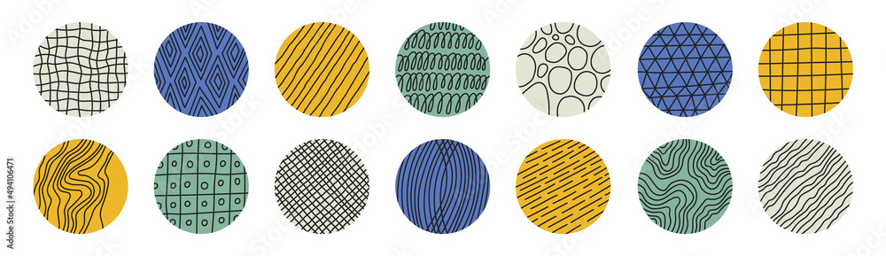 Set with colorful abstract round patterns. Plaid pattern, triangles ...