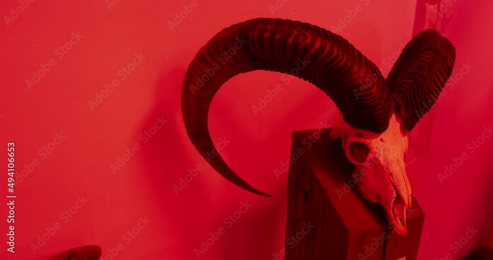 Mystical thriller shot of an evil devil goat skull in dark and red ...