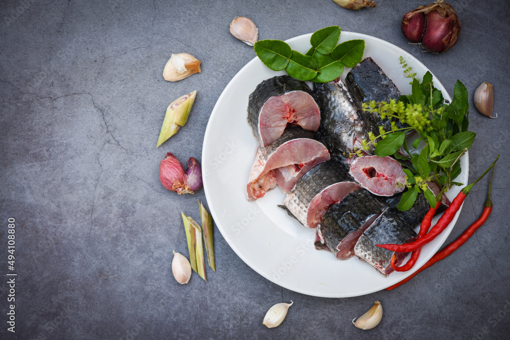 Snakehead fish for cooking food, striped snakehead fish chopped with ...