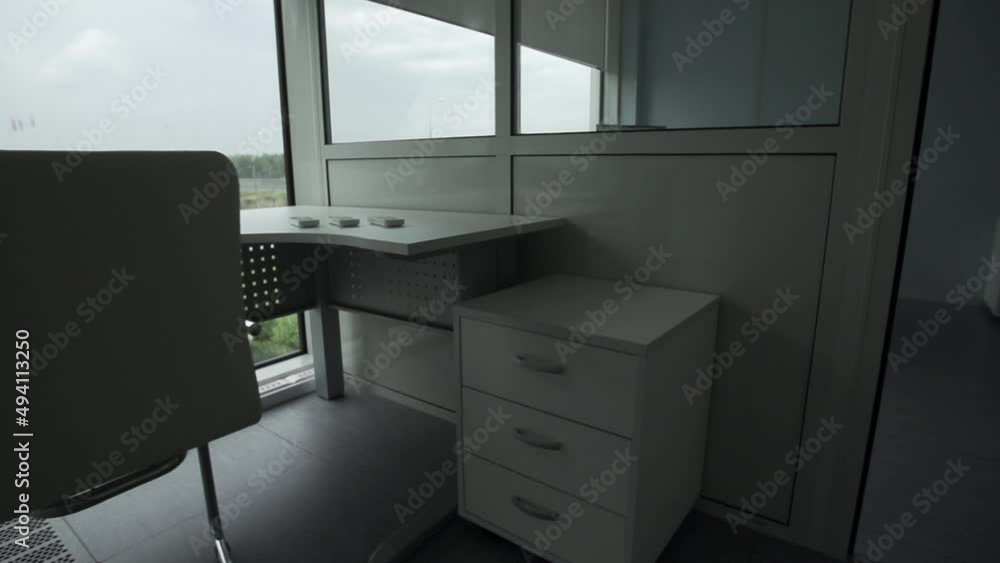 Minimal background image of empty office workplace by window with white ...