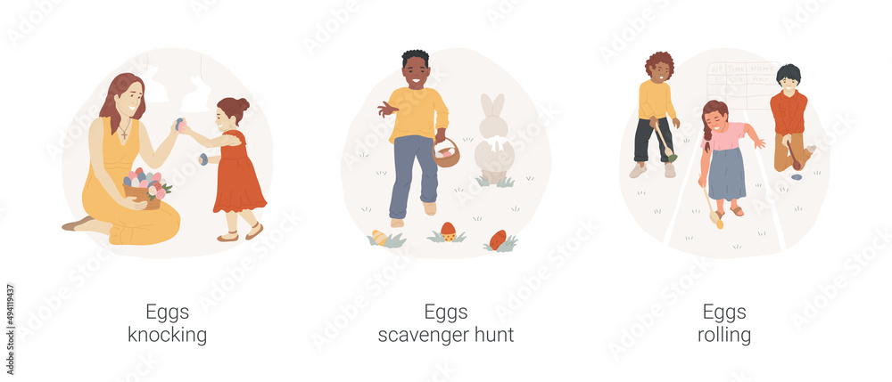 Easter games isolated cartoon vector illustration set. Eggs knocking ...