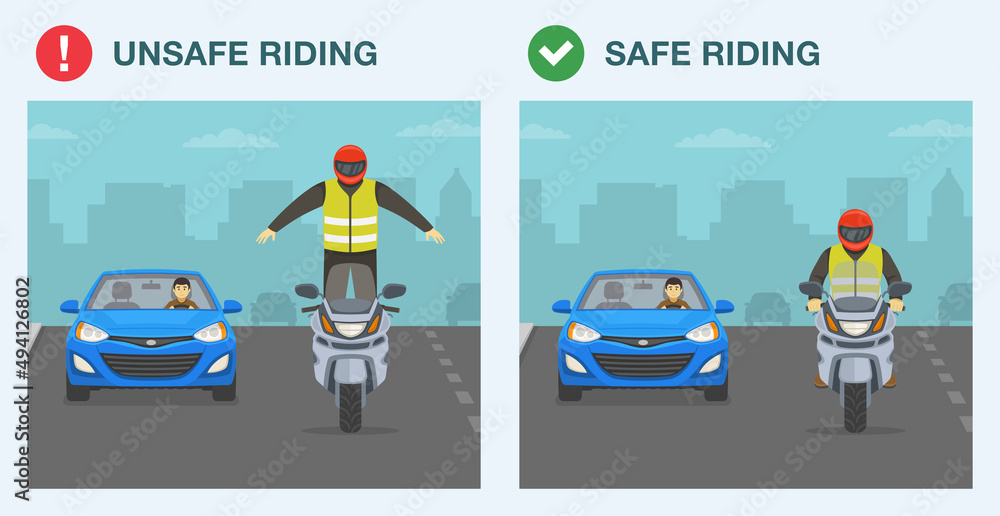Vetor de Do's and dont's. Safe and unsafe motorcycle riding on road ...