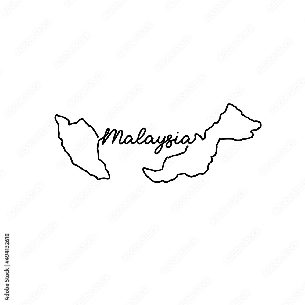 Malaysia outline map with the handwritten country name. Continuous line ...