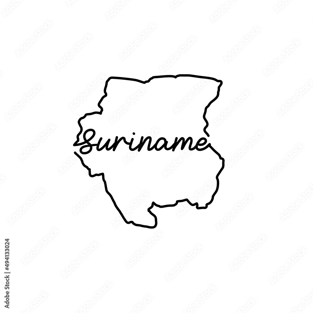 Suriname outline map with the handwritten country name. Continuous line ...