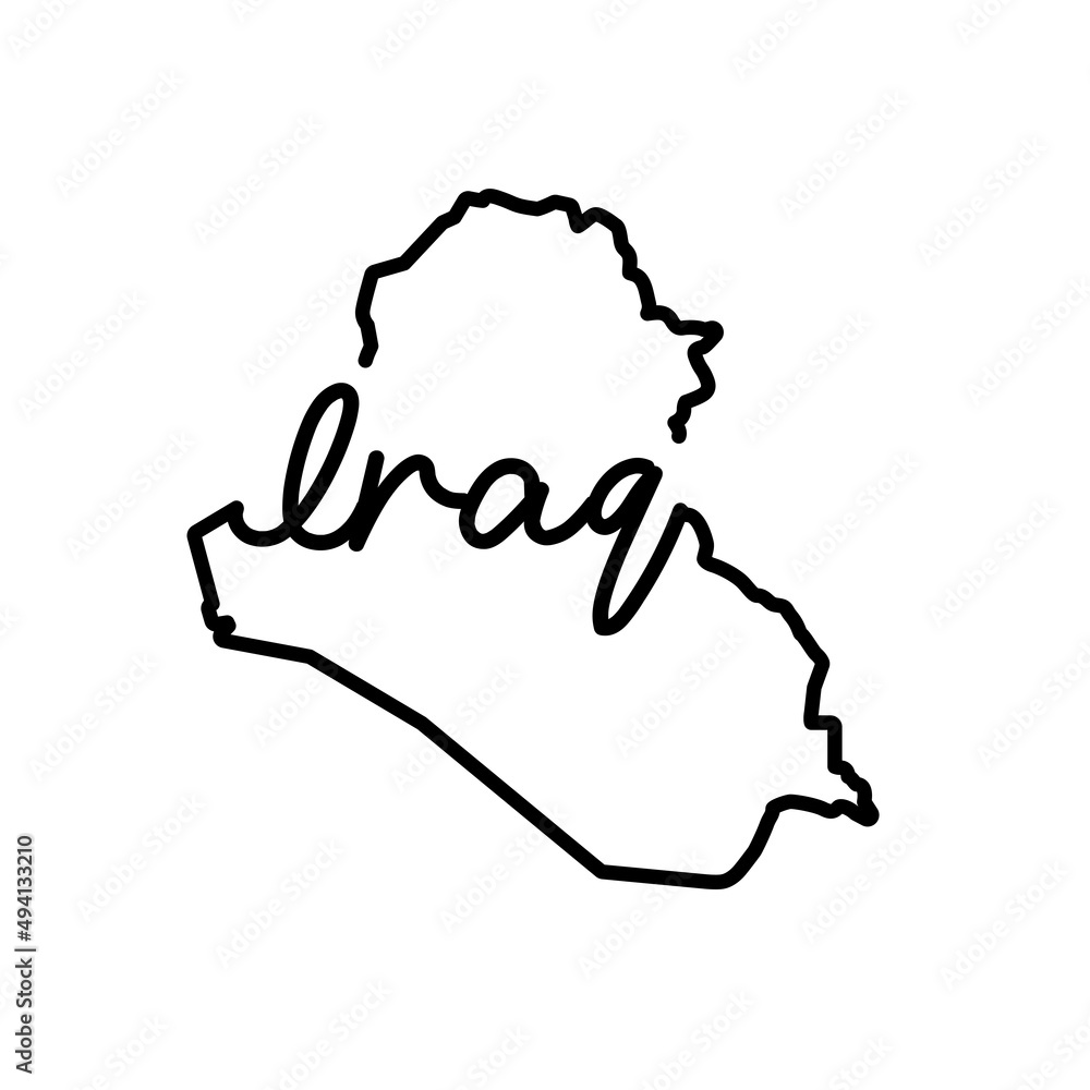 Iraq outline map with the handwritten country name. Continuous line ...