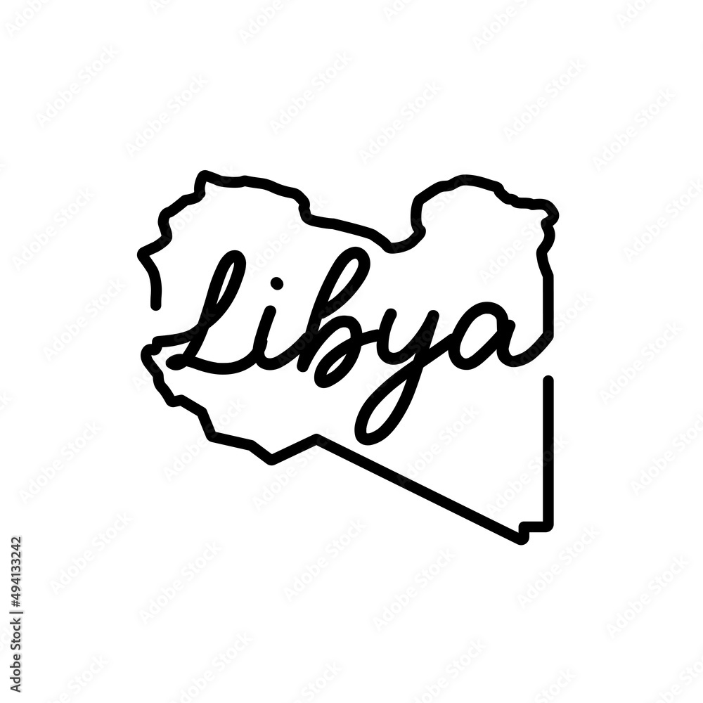 Libya outline map with the handwritten country name. Continuous line ...