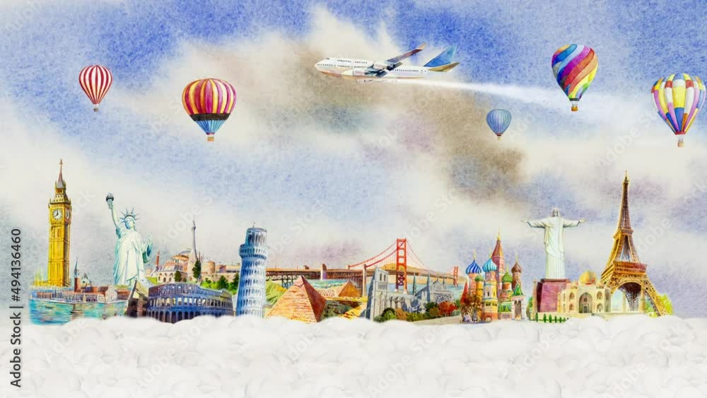 Painting advertising watercolor animation travel famous landmarks of ...