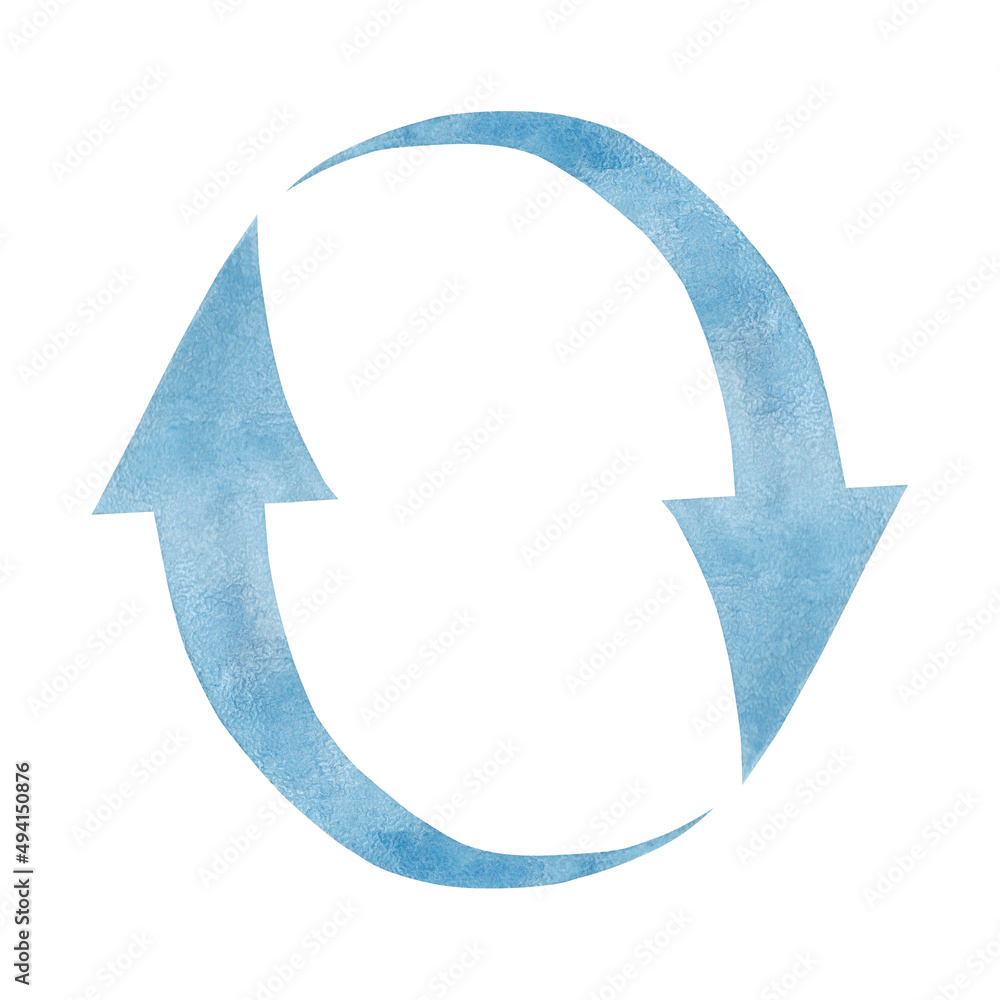 Blue cycle arrow icon. Watercolor hand drawn illustration isolated on ...